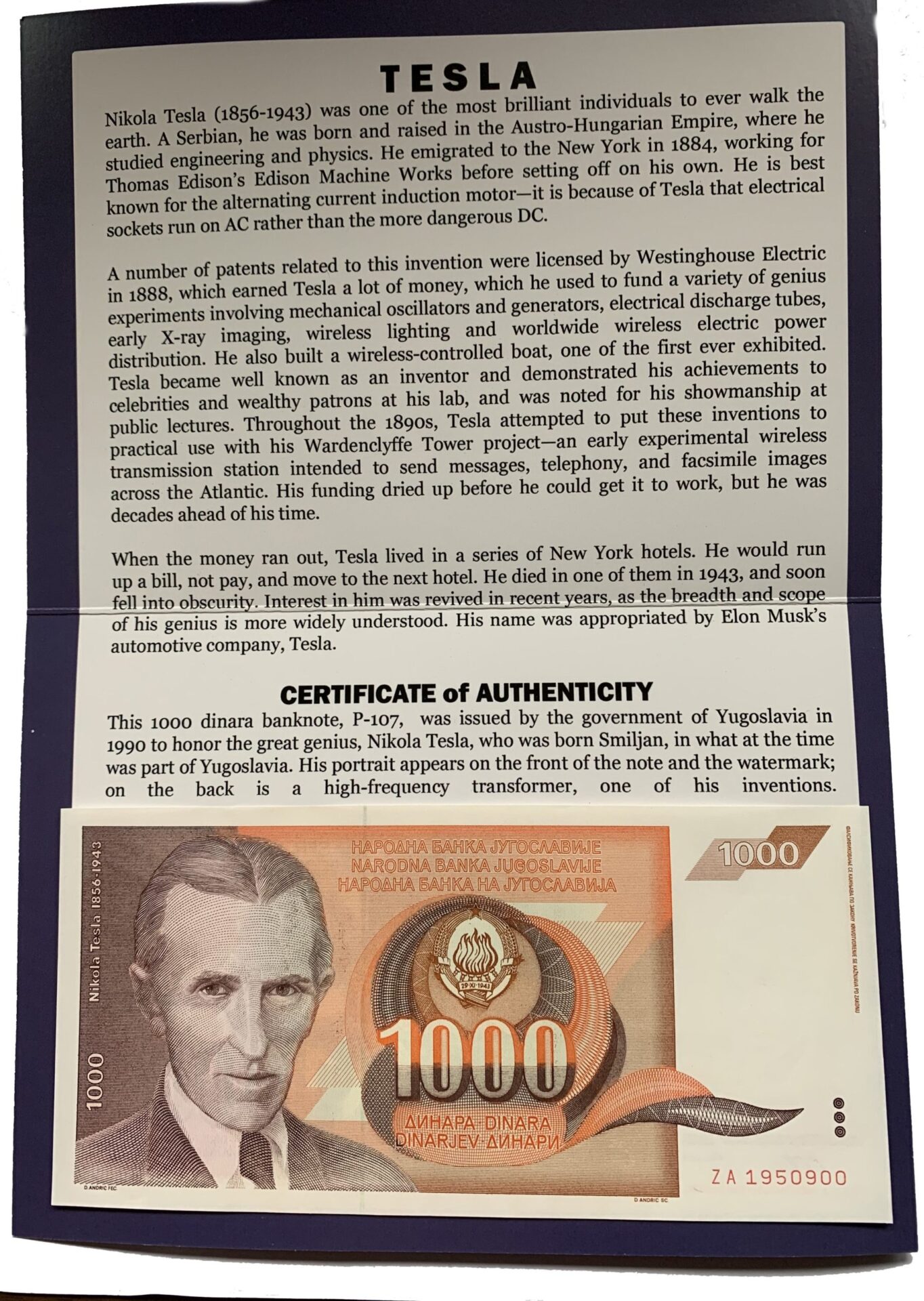 Tesla (Banknote Card) - Curiosity Coins